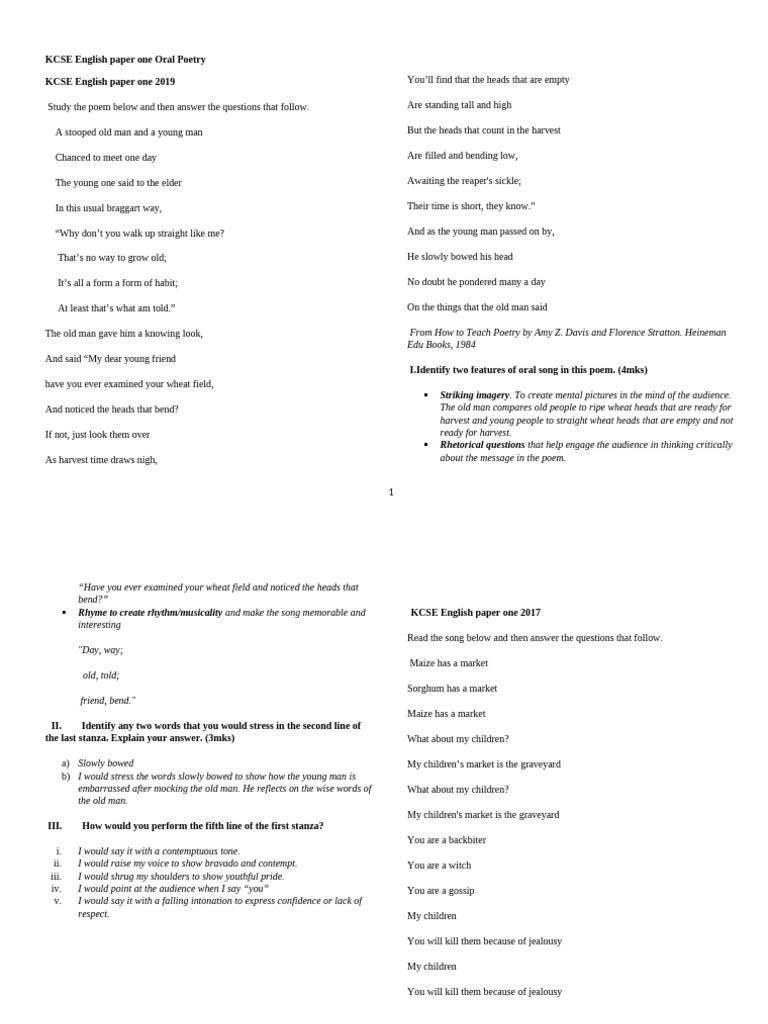 KCSE English Paper 1 Oral Poetry Guide | PDF | Refrain | Poetry