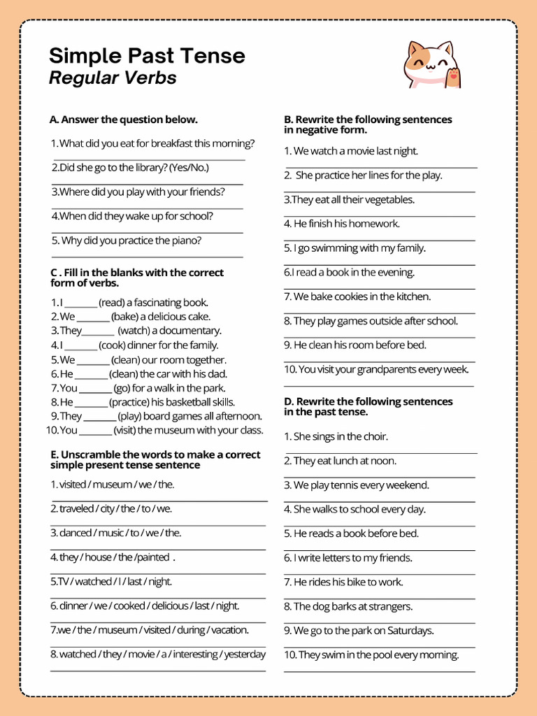 Simple Past Tense Regular Verbs Worksheet Light Orange Cute Simple ...