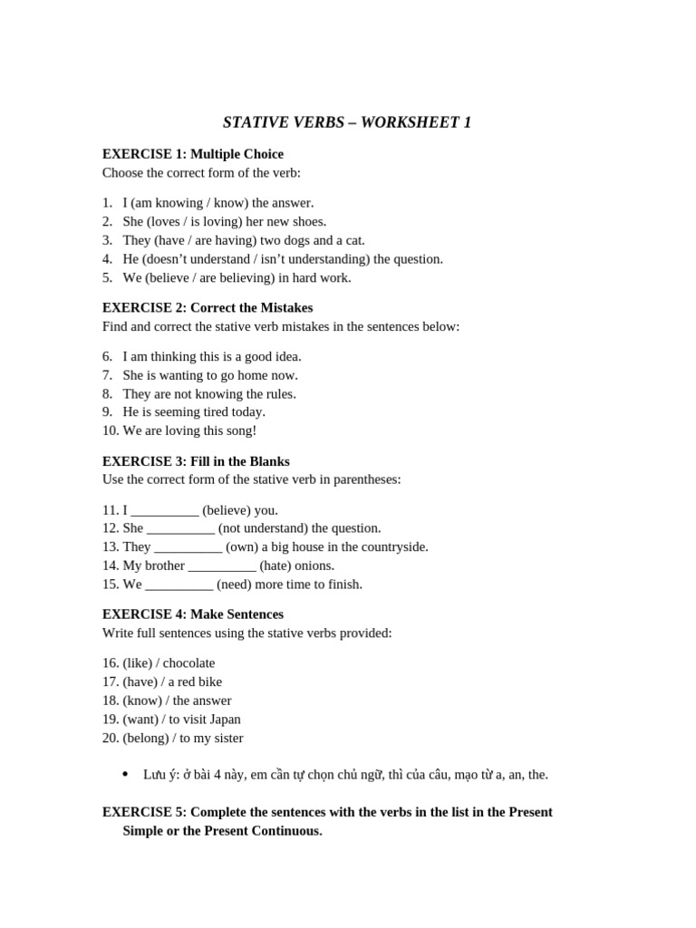 Stative Verbs Worksheet Exercises | PDF