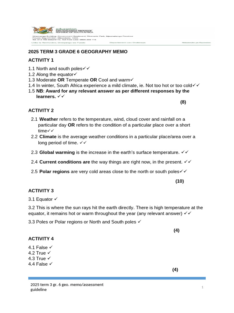 Grade 6 Geography Term 3 Memo 2025 | PDF | Tropics | Equator