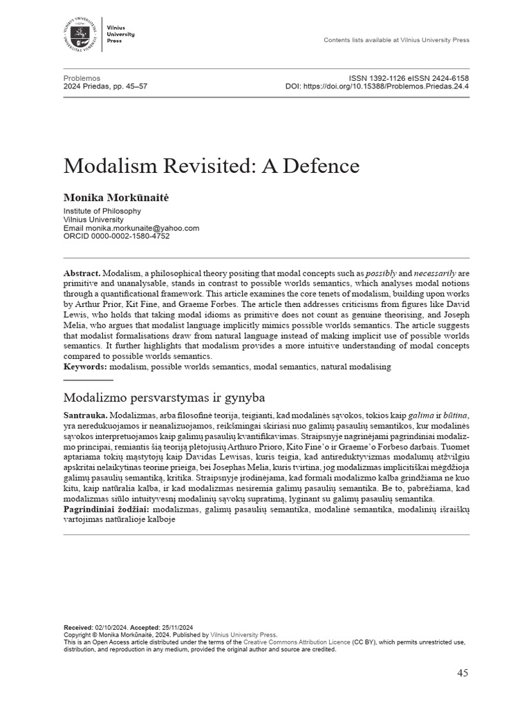 2 Modalism Revisited a Defence Morkūnaitė | PDF | Reductionism | Modal Logic