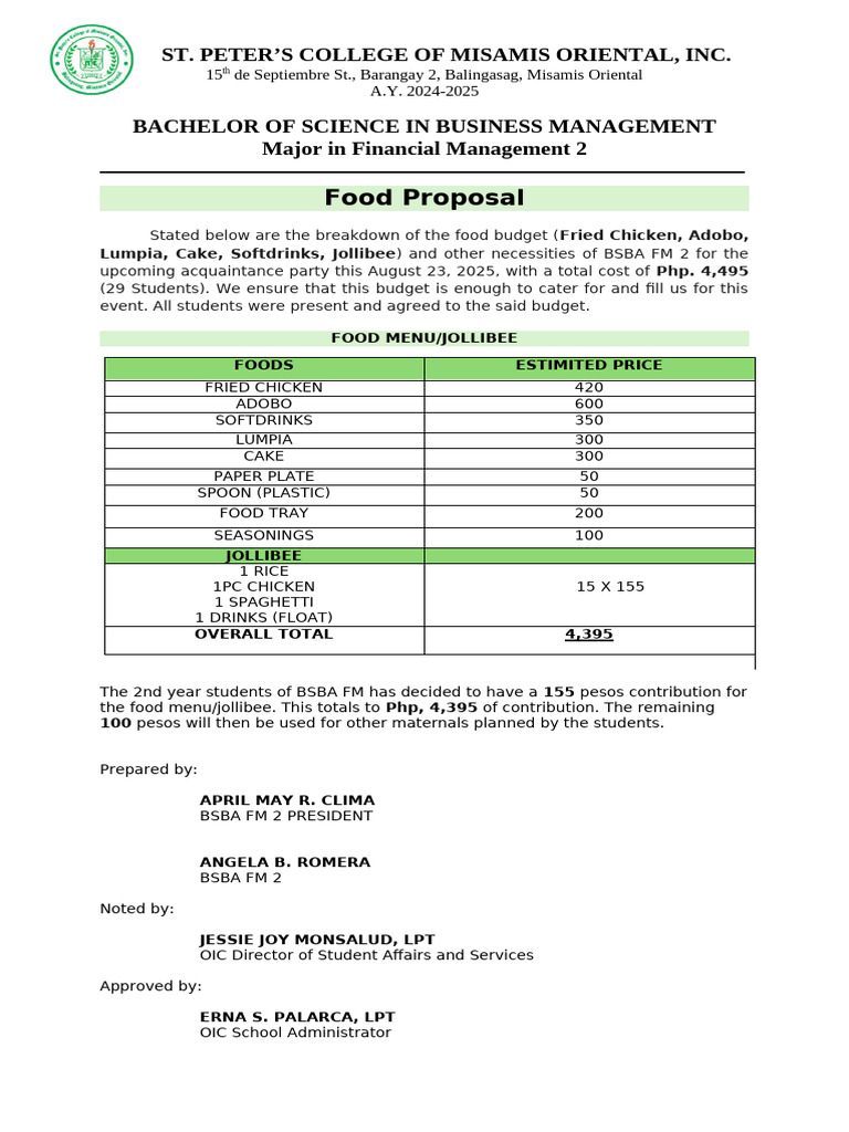 Food Budget Proposal for BSBA FM 2 Event | PDF