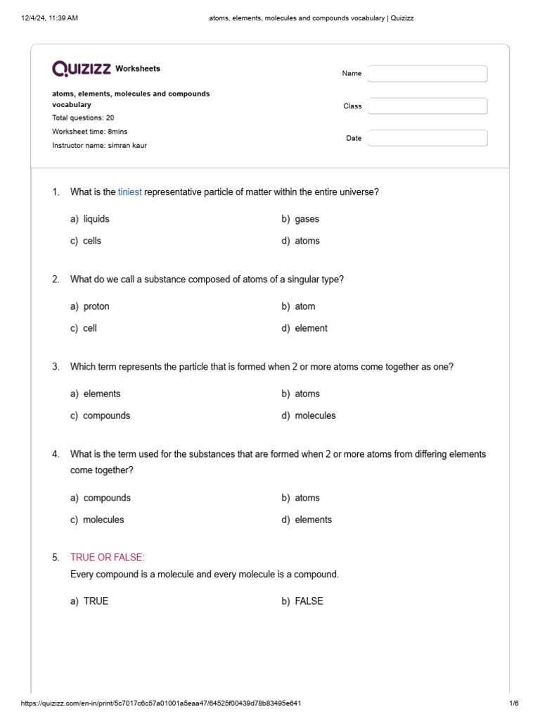 Atoms, Elements, and Compounds Quiz | PDF | Mixture | Chemical Compounds