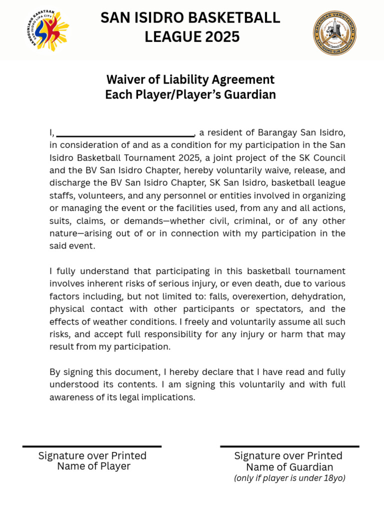 Basketball League Waiver Agreement | PDF