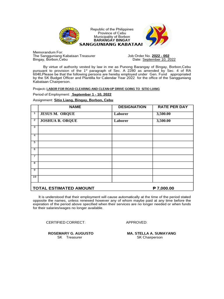 SK Employment Memo for Road Clearing | PDF