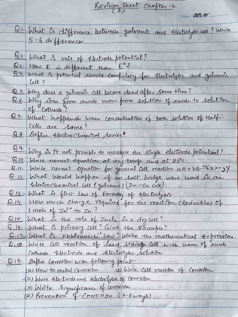 Electrochemistry Revision Sheet | PDF