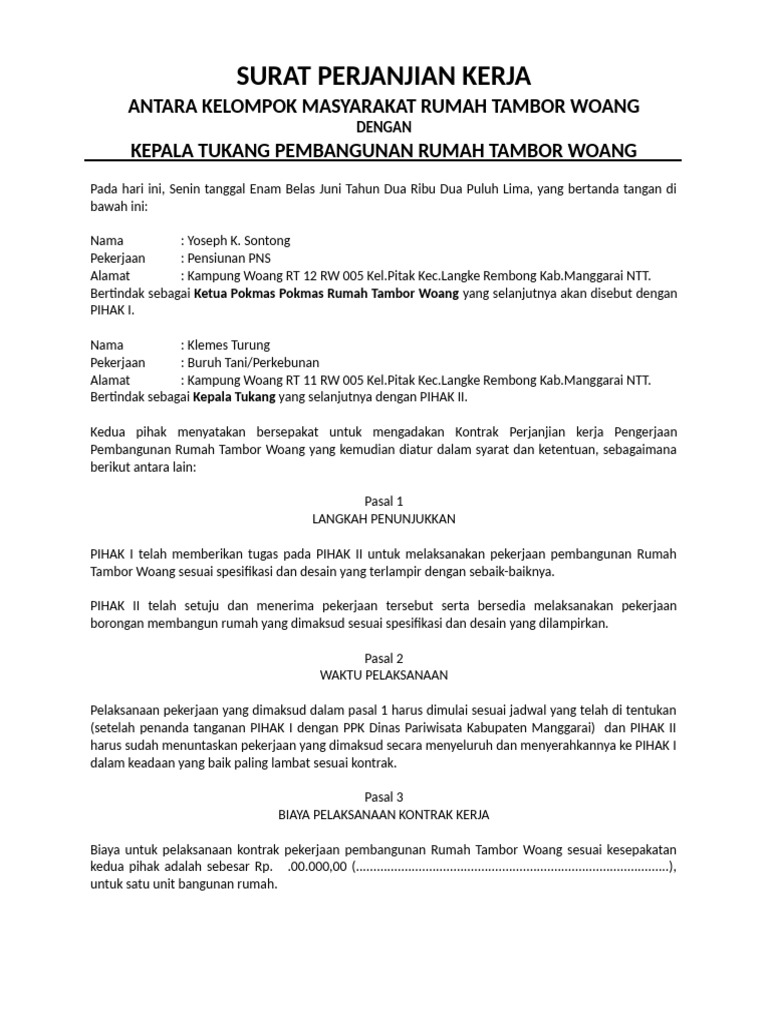 Surat Perjanjian Kerja Tukang | PDF