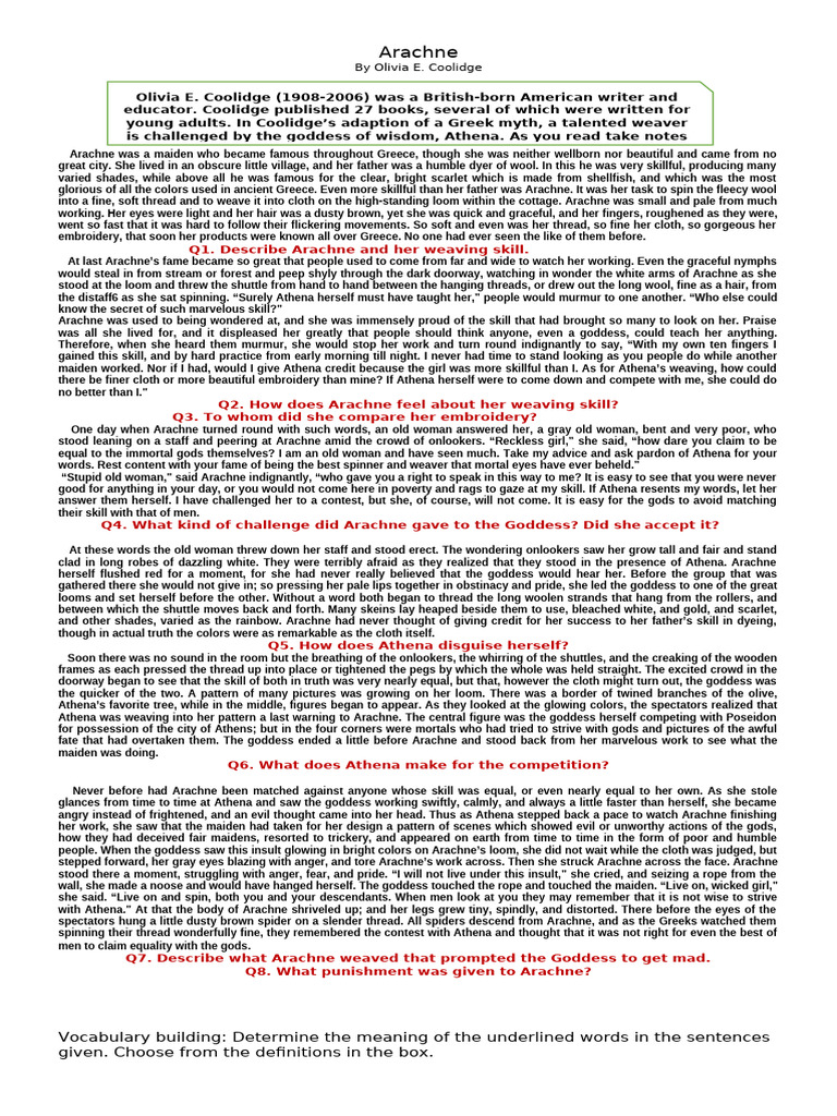 ARACHNE EDITED VGE For Wstudents With Activity | PDF | Athena | Weaving
