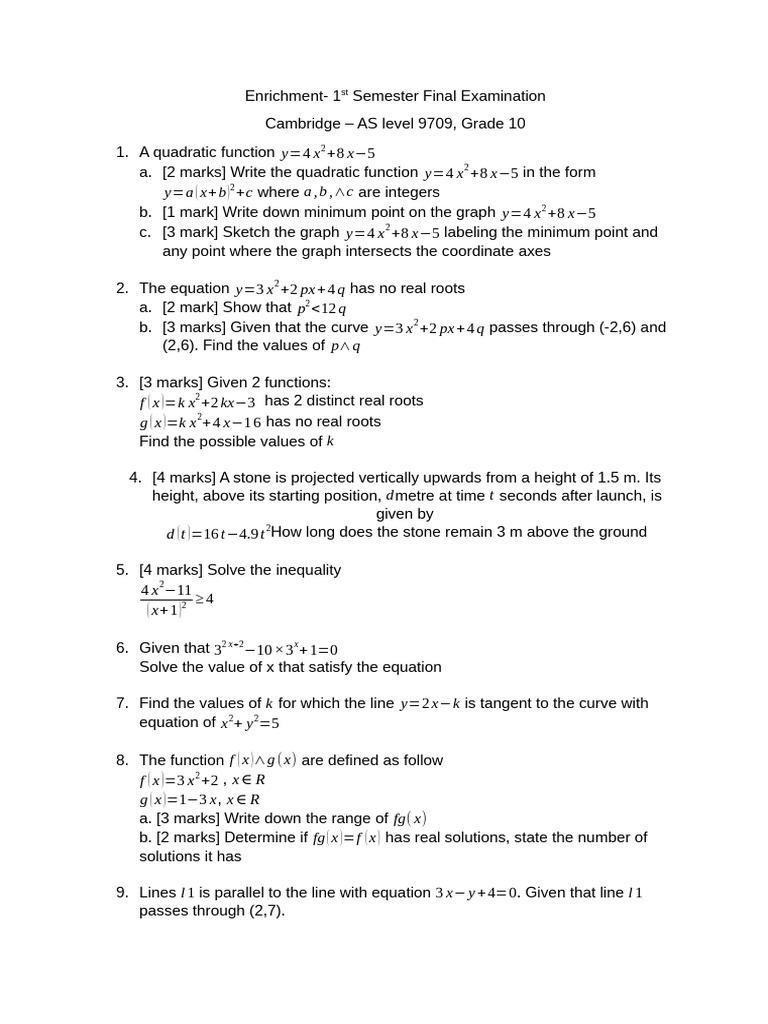 Enrichment 1st Semester Exam GR 10 | PDF