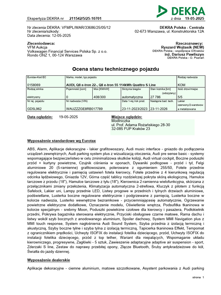Raport Dekra Audi Q8 e Tron | PDF