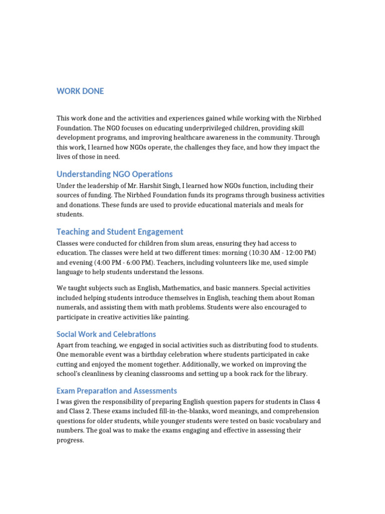 NGO Work Summary | PDF | Non Governmental Organization | Mentorship