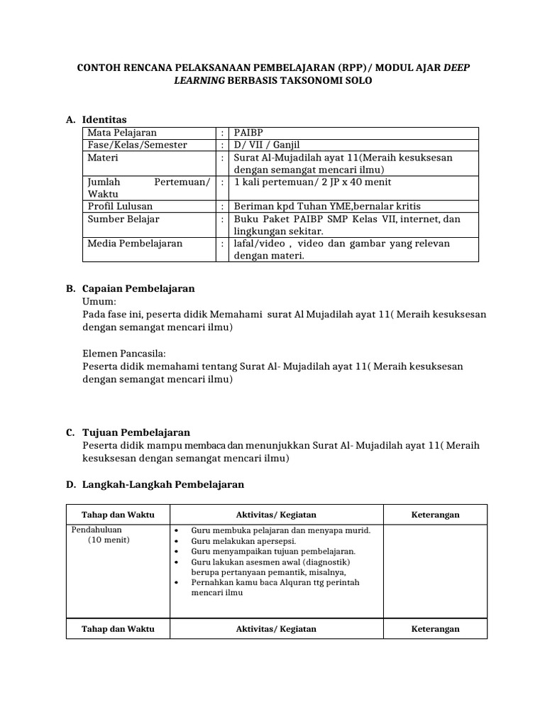 Contoh RPP MA Deep Learning Taksonomi SOLO - SMP | PDF