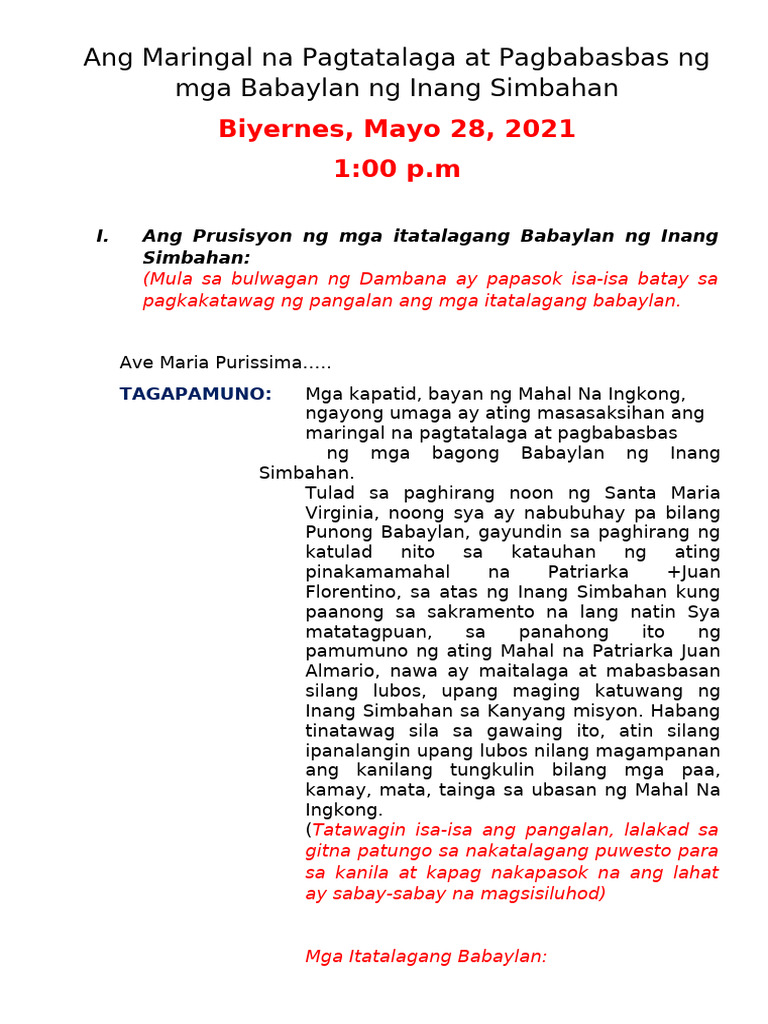 Ang Maringal Na Pagtatalaga at Pagbabasbas Ng Mga Babaylan Ng Inang Simbahan | PDF