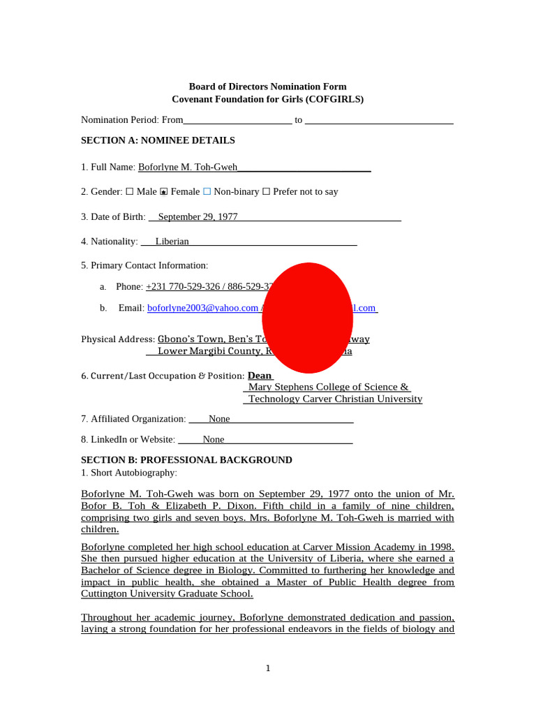 Board Nomination Form-Cofgirls | PDF | Social Psychology