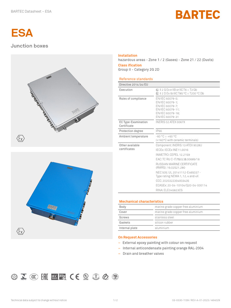 BARTEC ESA Junction Boxes Datasheet | PDF | Mechanical Engineering
