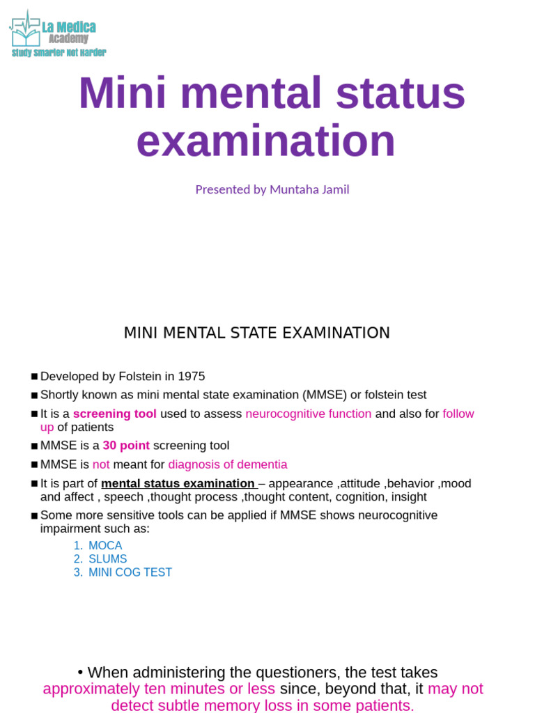 Mini Mental Status Examination: Presented by Muntaha Jamil | PDF ...