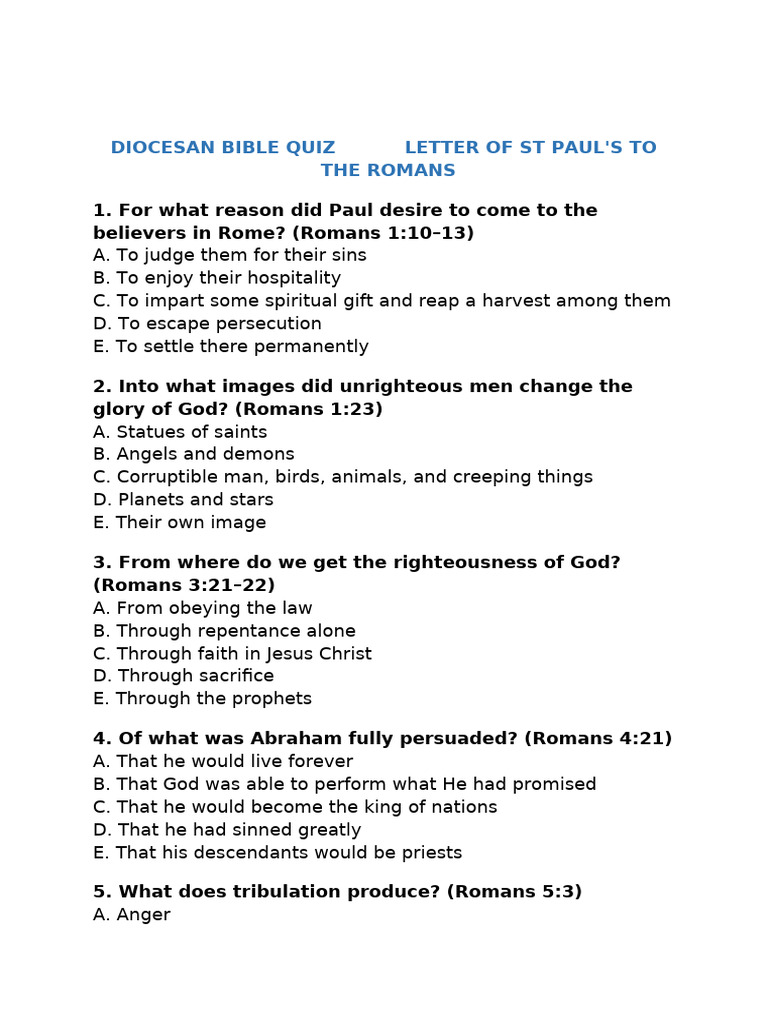 Diocesan Bible Quiz Letter of ST Paul To Romans | PDF | Epistle To The ...