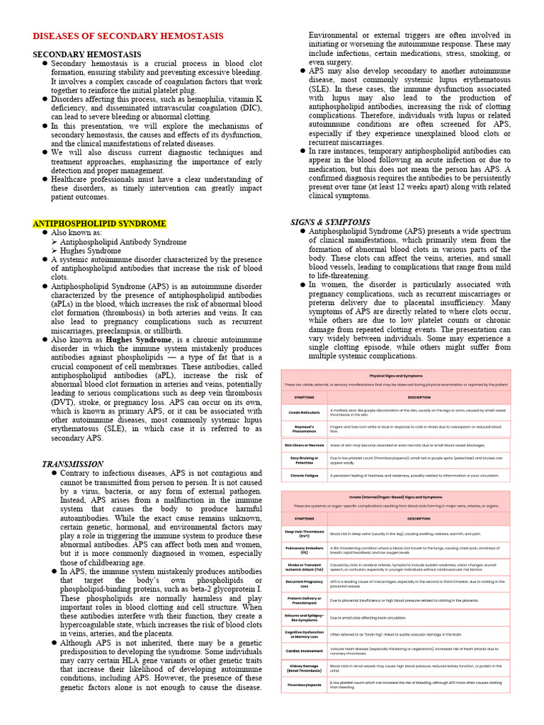 Diseases of Secondary Hemostasis | PDF | Coagulation | Thrombosis