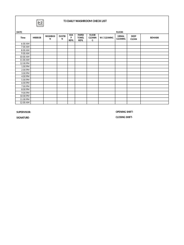 t3 Daily Washroom Check List | PDF