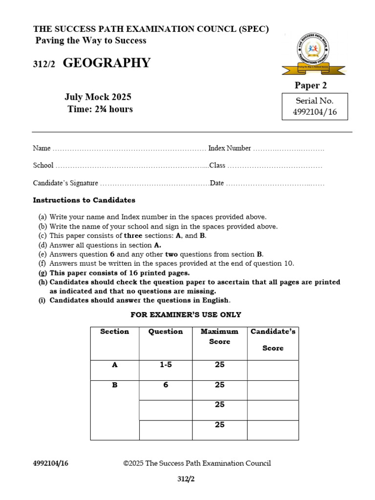 Geography Mock Exam 2025 | PDF | Fishery | Kenya