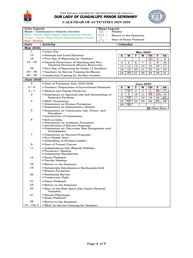 OLGMS Calendar of Activities FY 2025 2026 2025 June 12 | PDF | Seminary | Christmas