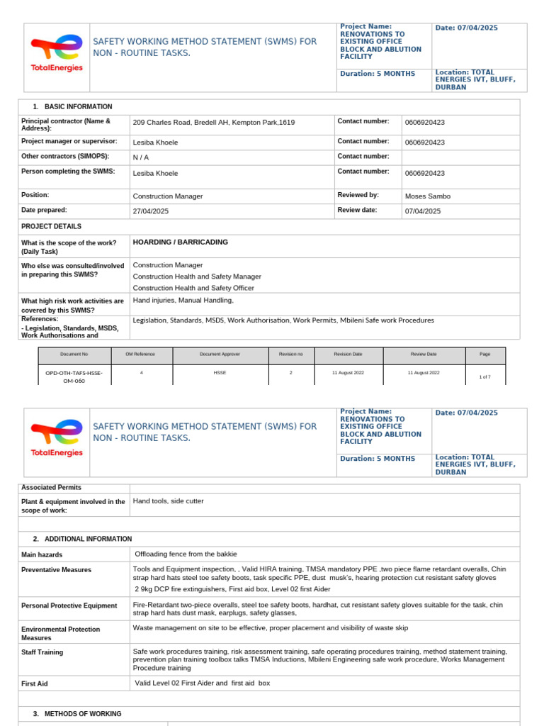 SWMS for Durban Office Renovations | PDF | Personal Protective ...