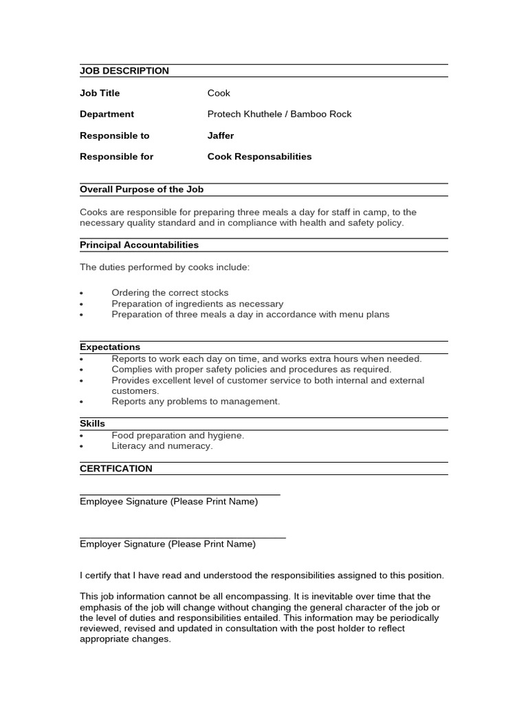 Job Descriptions - Cook | PDF