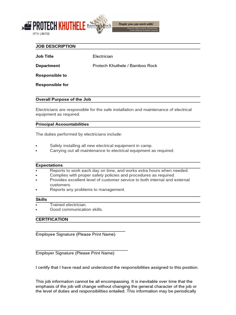 Electrician Job Description Overview | PDF