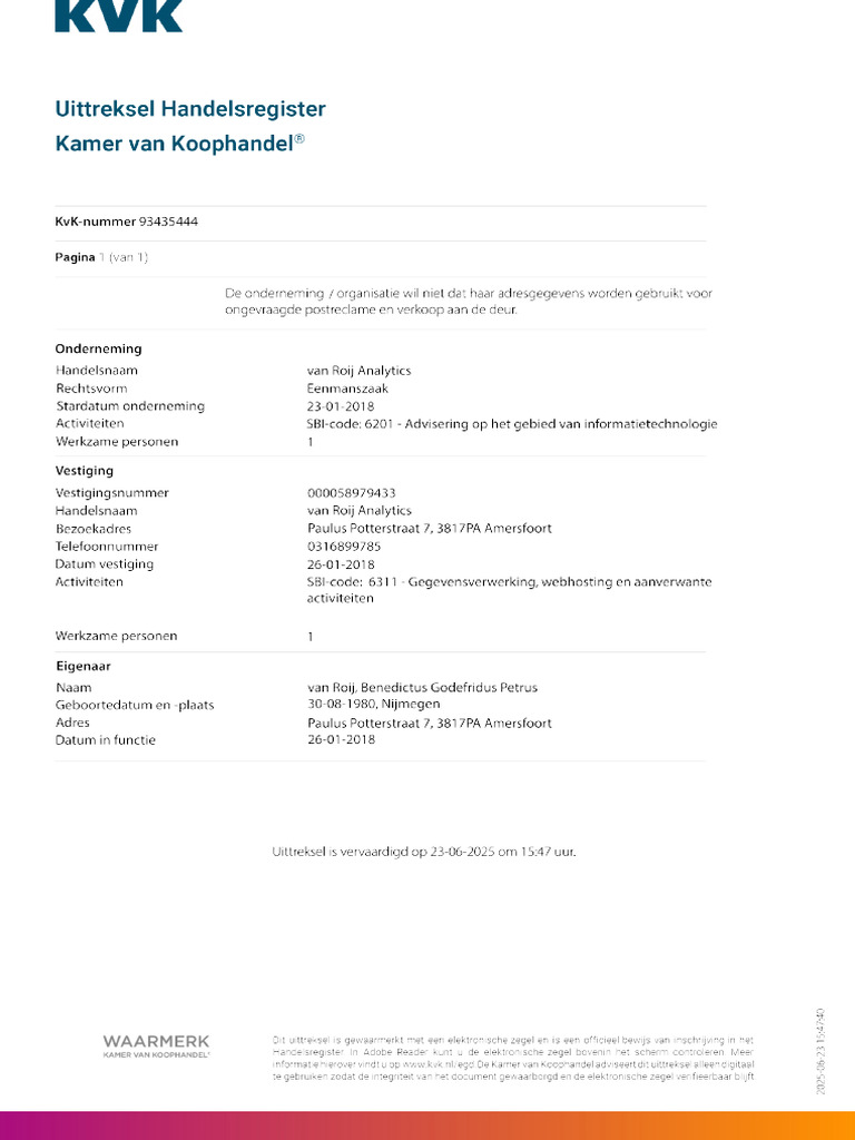 Van Roij Analytics KVK Uittreksel | PDF