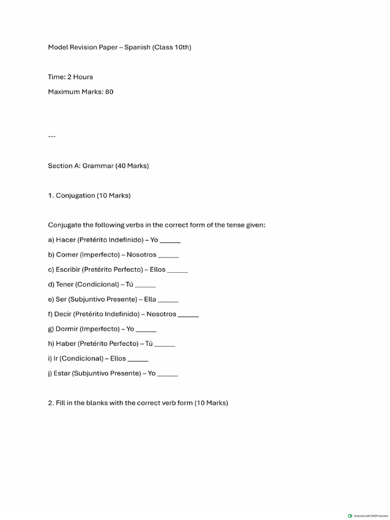 Revision Paper For Class 10th Spanish | PDF