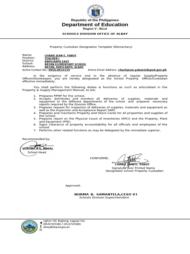 Batan Es Property Custodian Designation Letter | PDF