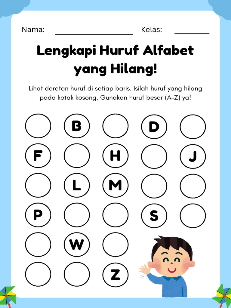 Lembar Kerja Melengkapi Huruf Alfabet Yang Hilang Biru Ilustrasi | PDF