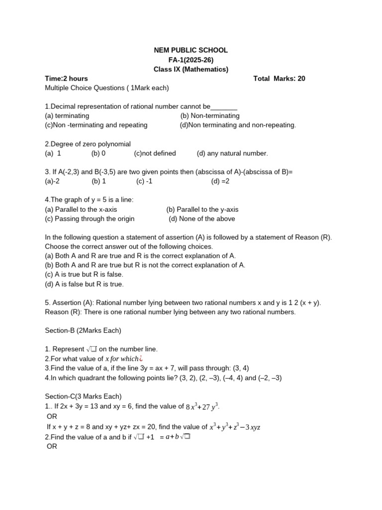 Class IX Math Exam (2025-26) | PDF