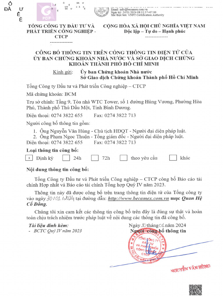 BCM - CBTT BCTC Hop Nhat Quy Iv 2023 | PDF