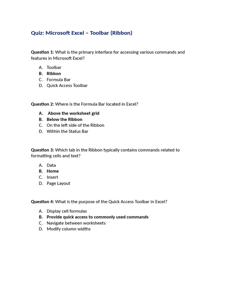 Quiz 2 Microsoft Excel – Toolbar | PDF