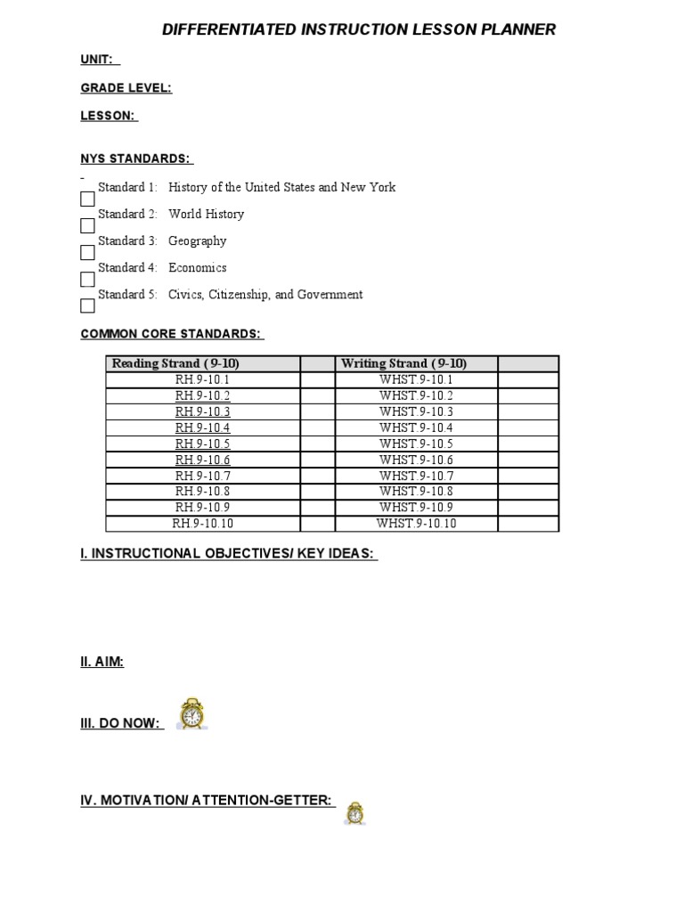 Differentiated Instruction Lesson Planner: Unit: Grade Level: Lesson ...