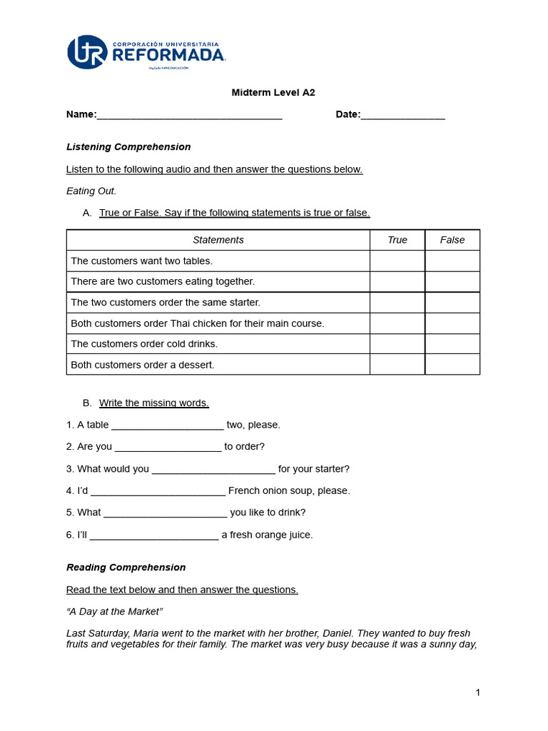 Midterm Level A2 Alternativo | PDF | Lunch | Juice