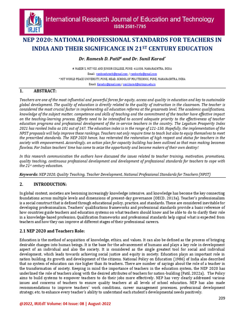 Nep 2020 National Professional Standards For Teachers in India and Their Significance in 21st ...