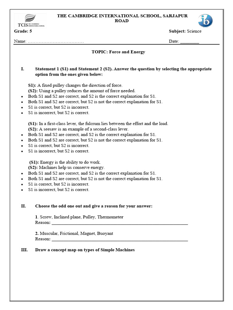 Grade 5 Force and Energy Worksheet | PDF | Lever | Machines