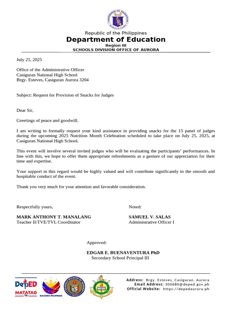 Request Letter For Snacks | PDF