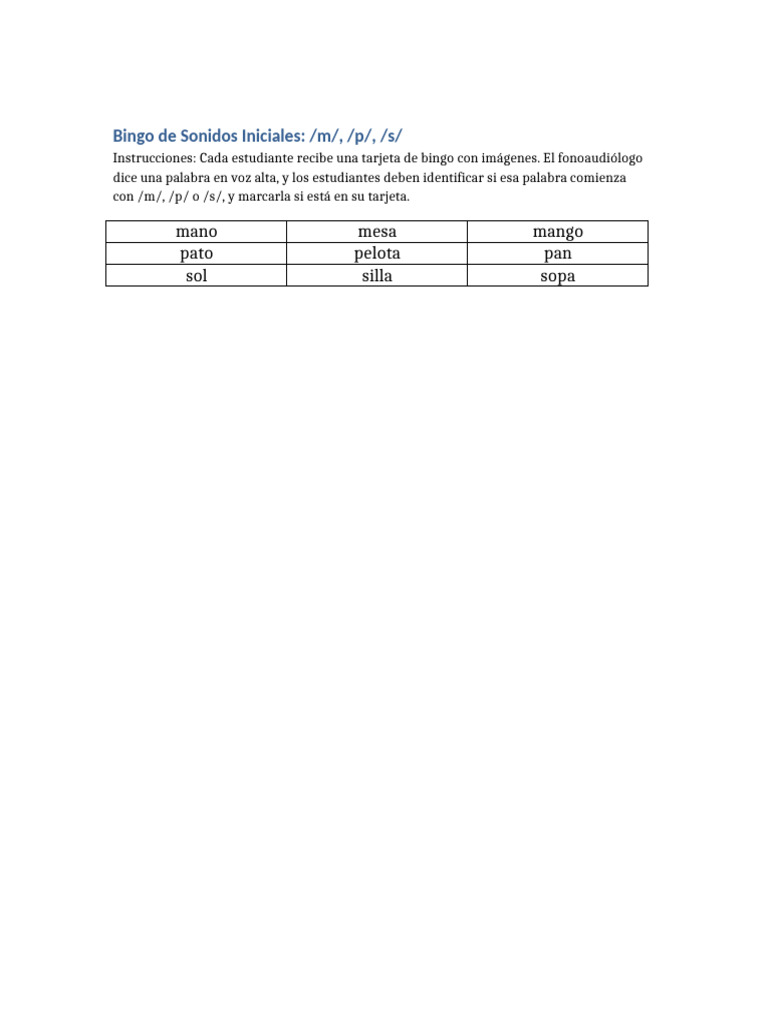 Bingo de Sonidos Iniciales: /m/, /p/, /s/ | PDF