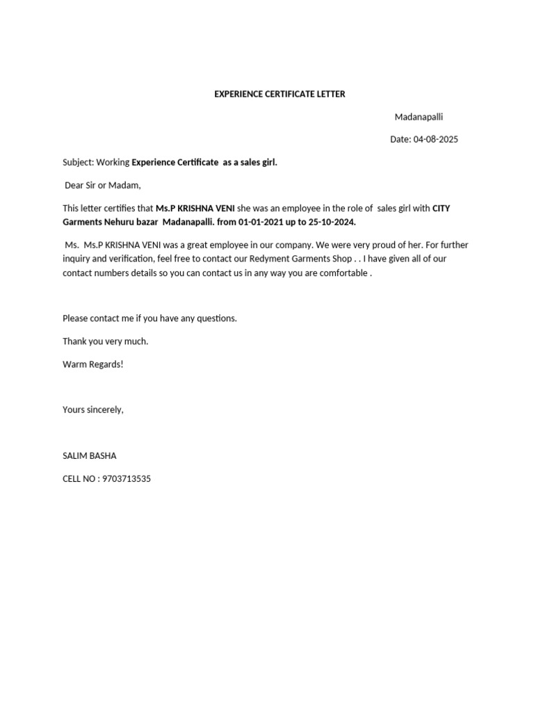 Garments Experience Certificate for Sales Girl | PDF