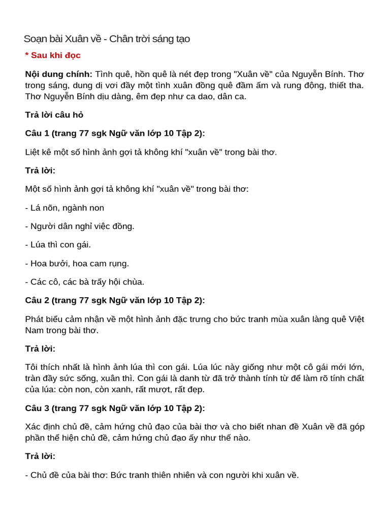 Soạn Bài Xuân Về | PDF