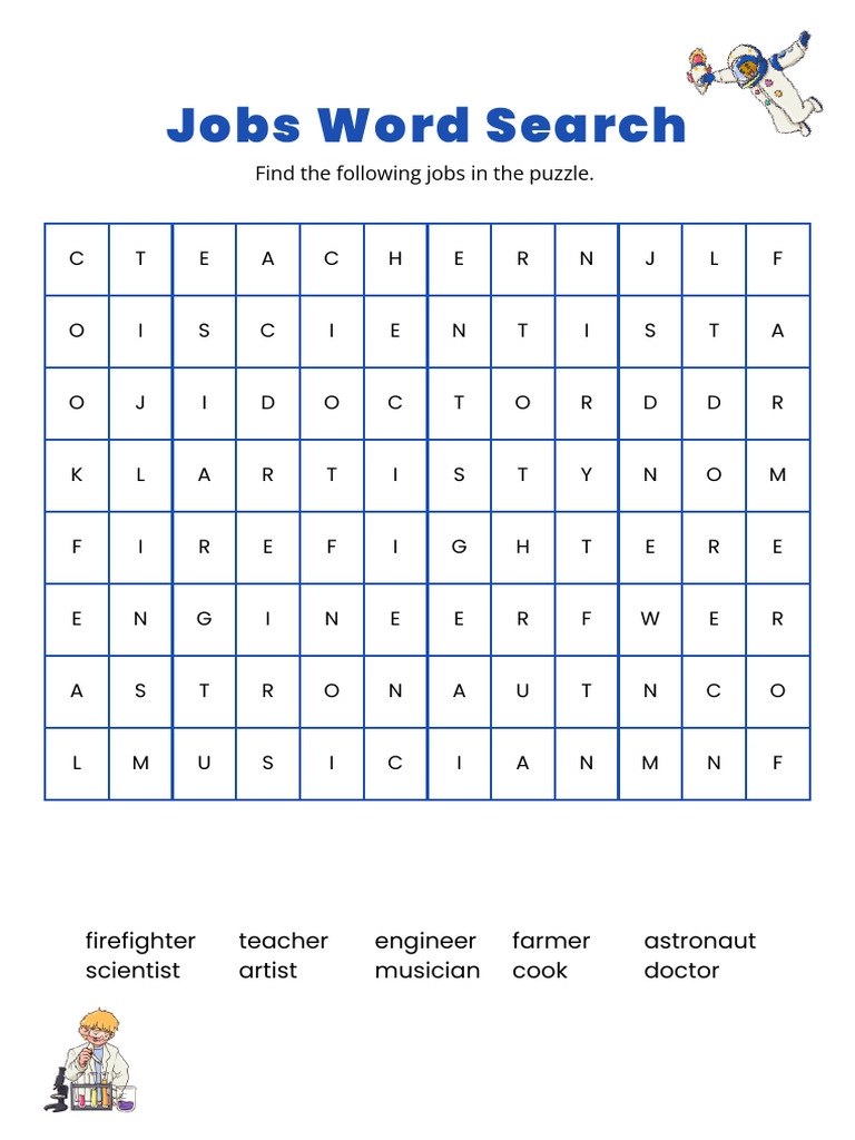 Job Word Search Worksheet in Colorful Illustrative Style | PDF