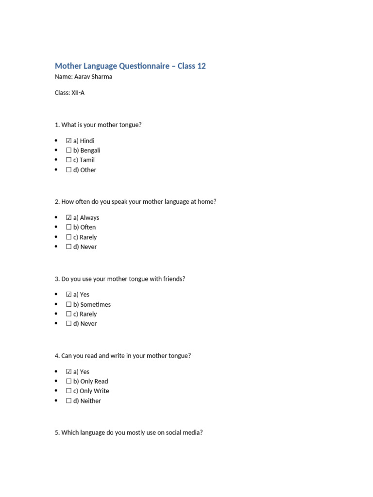 Filled Questionnaires With Questions | PDF | Questionnaire | First Language