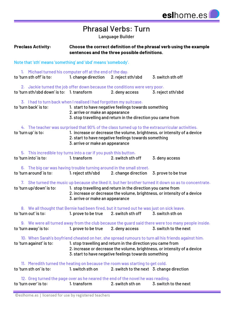 Phrasal Verbs Turn Preclass | PDF | Chess | Chess Theory