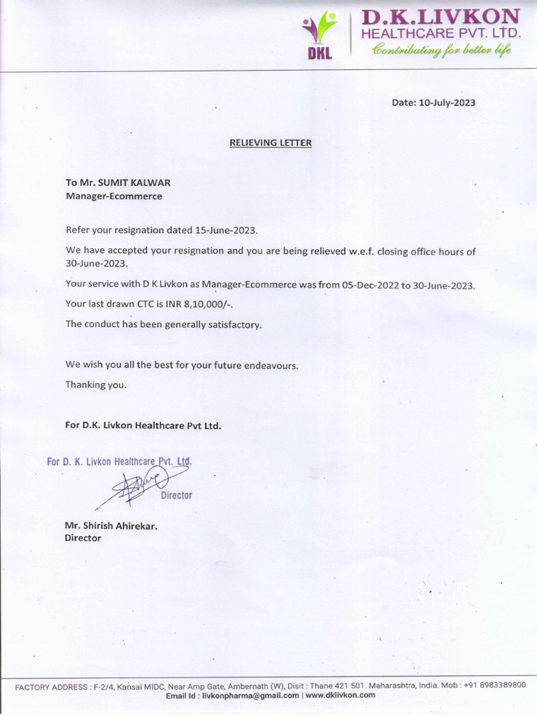 Sumit Kalwar Relieving Letter | PDF