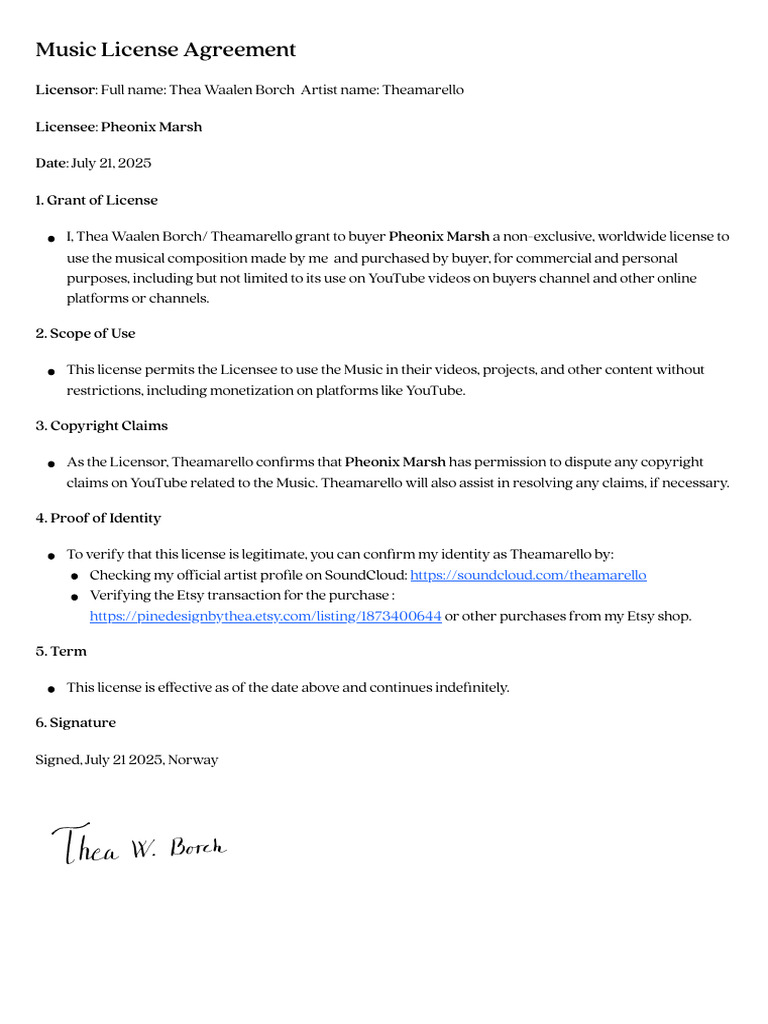 Music License Agreement Thea Borch | PDF