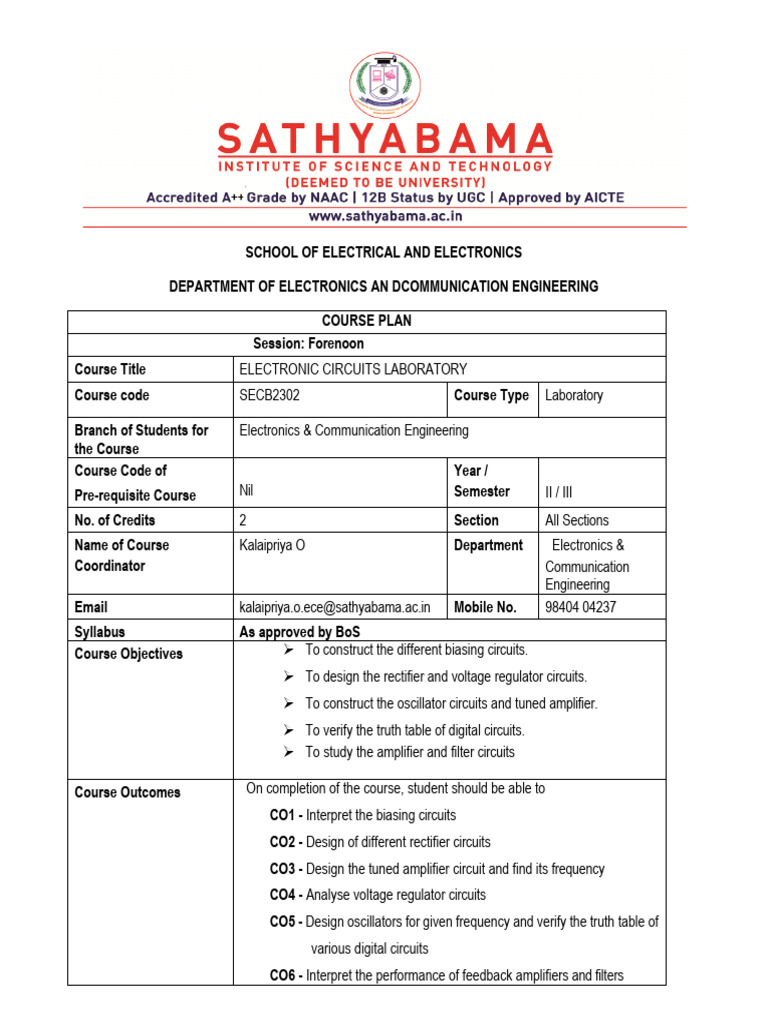 Moni - Mam - SECB2302 - Electronics Circuits Lab Course Plan | PDF | Amplifier | Electronic Filter