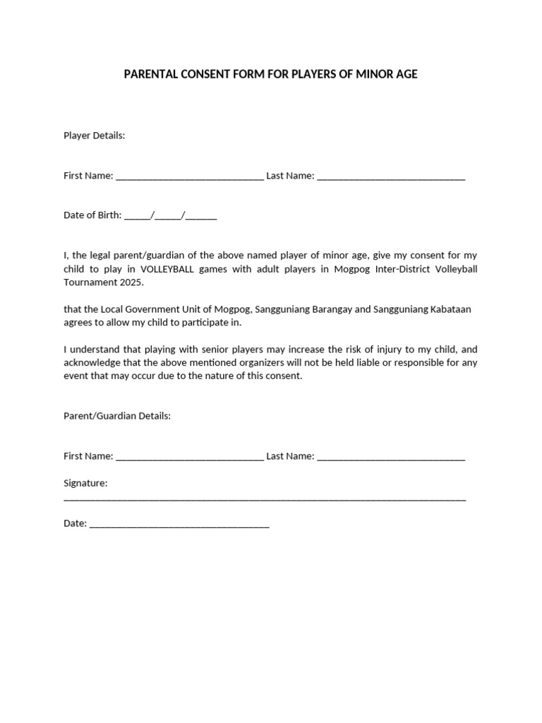 Volleyball Parental Consent Form For Players of Minor Age | PDF